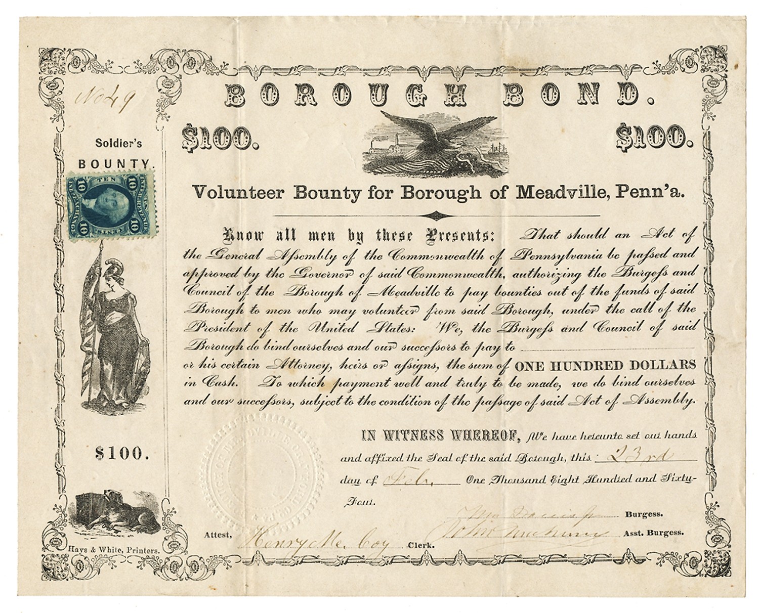 $100 BOND FROM MEADVILLE, PA, TO PAY VOLUNTEER BOUNTY — Horse Soldier