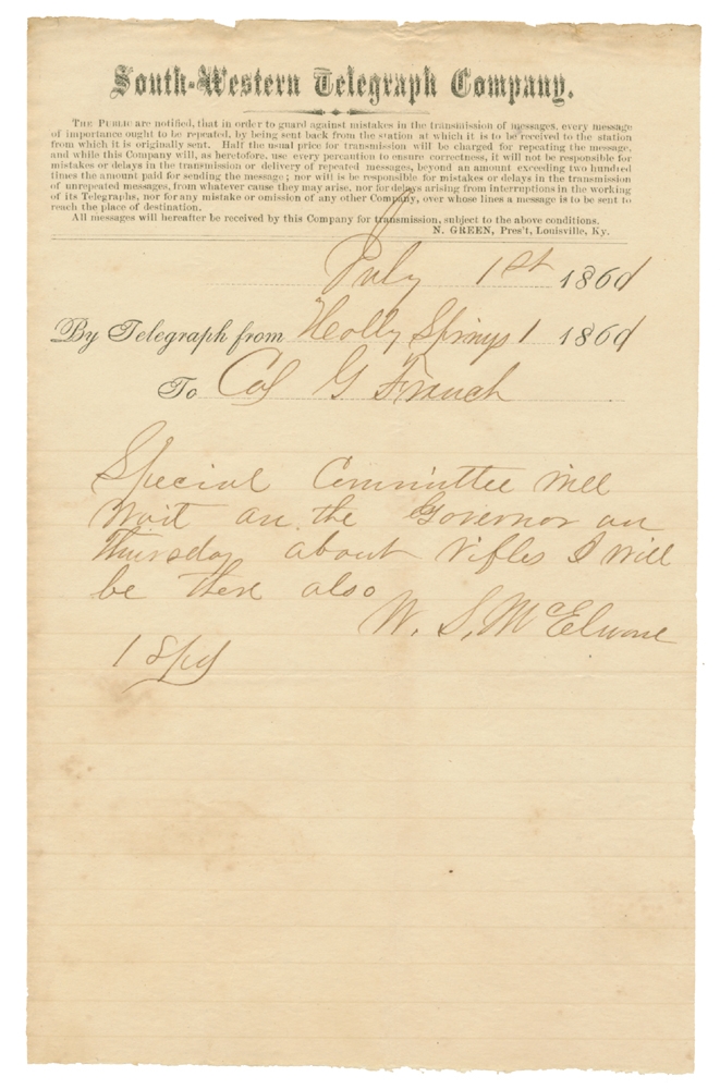 1861 SOUTH-WESTERN TELEGRAPH CO. TELEGRAM REGARDING RIFLES — Horse Soldier