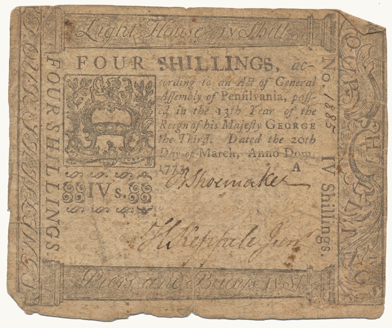 PENNSYLVANIA 1773 FOUR SHILLING NOTE — Horse Soldier