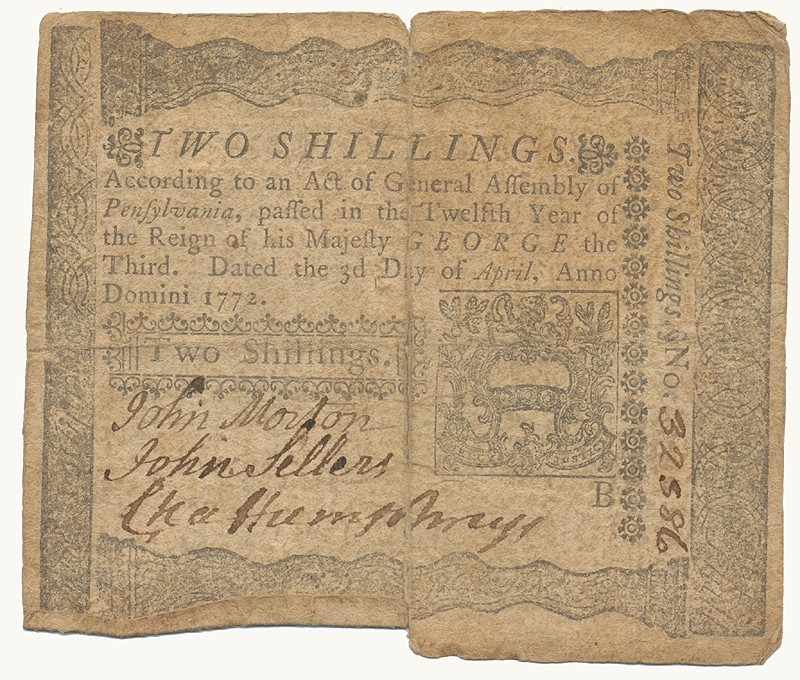 PENNSYLVANIA 1772 TWO SHILLING NOTE — Horse Soldier