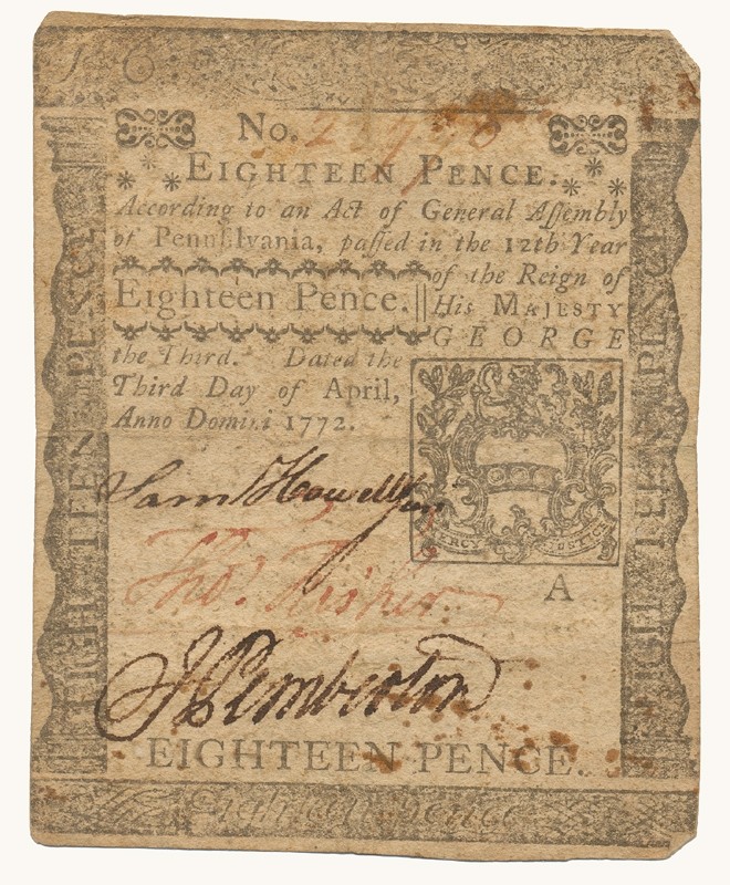 PENNSYLVANIA 1772 EIGHTEEN PENCE NOTE — Horse Soldier
