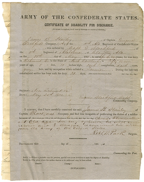 CONFEDERATE DISCHARGE FOR DISABILITY FOR PRIVATE JAMES B. HAILEY, CO. A ...