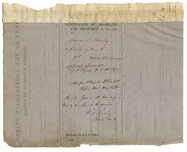 CONFEDERATE DISCHARGE FOR DISABILITY FOR PRIVATE JAMES B. HAILEY, CO. A ...
