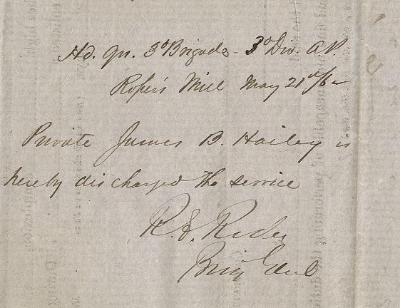 CONFEDERATE DISCHARGE FOR DISABILITY FOR PRIVATE JAMES B. HAILEY, CO. A ...