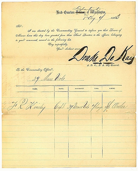 LEAVE OF ABSENCE DOCUMENT FOR FREDERICK R. KINSLEY, 39TH MASSACHUSETTS ...