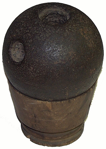 C.S. 4.52" 12-POUND SPHERICAL CASE-SHOT, LEAD SIDE-LOADER SHELL ON AN ...