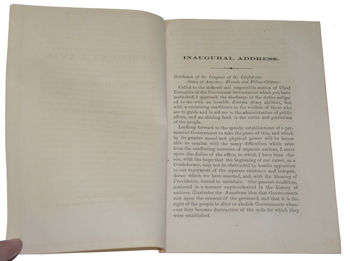 ORIGINAL 1861 COPY OF INAUGURAL ADDRESS OF PRESIDENT DAVIS — Horse Soldier