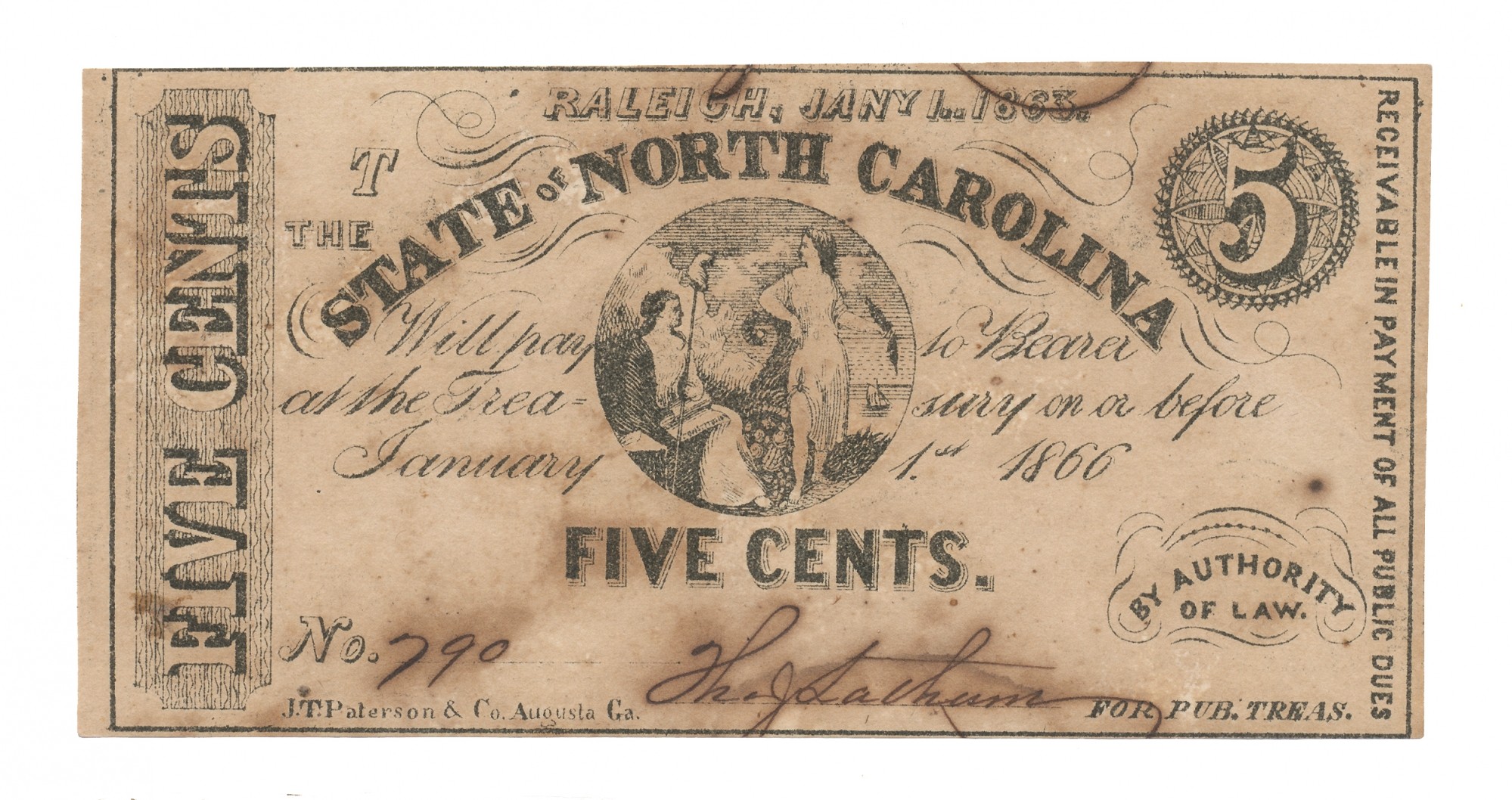 STATE OF NORTH CAROLINA FIVE CENT NOTE — Horse Soldier