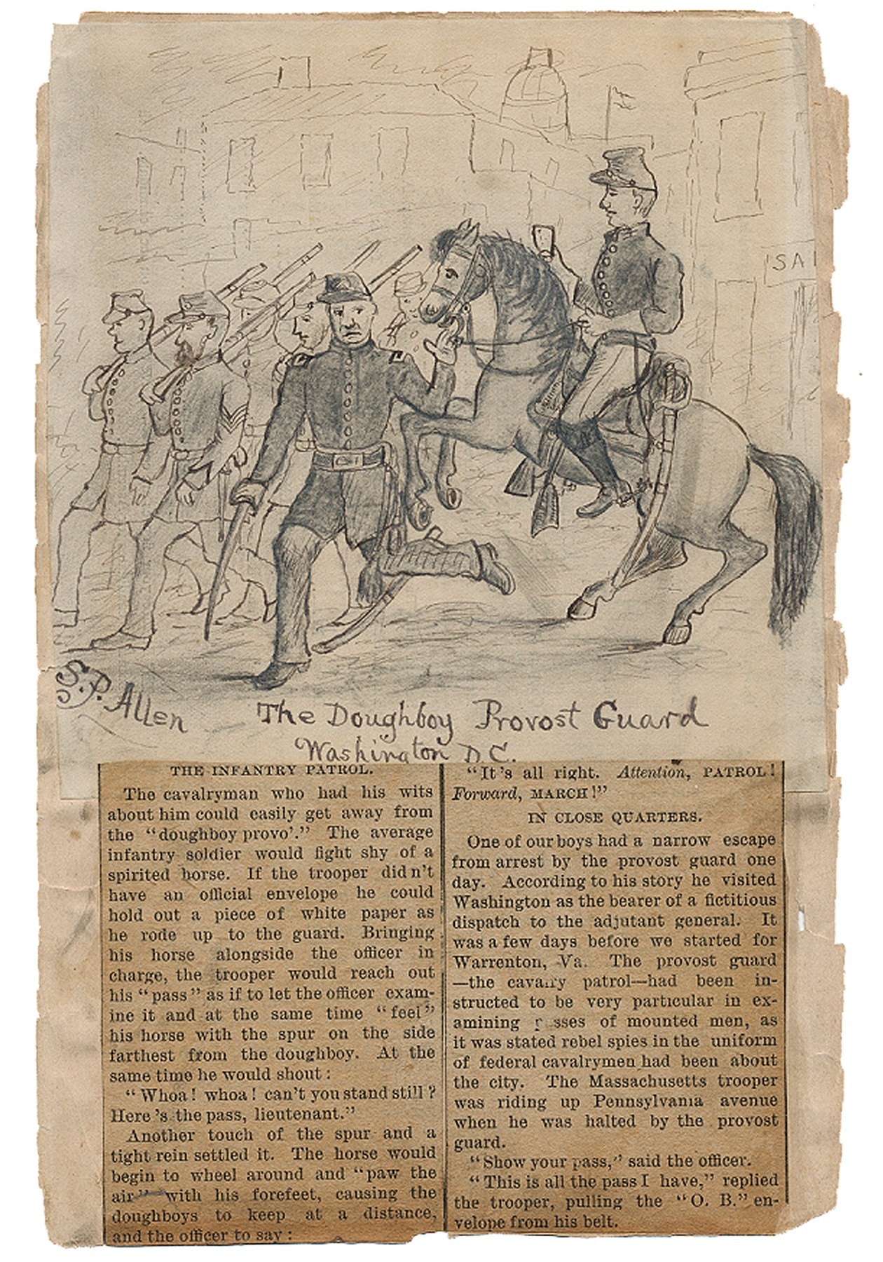 SCRAPBOOK PAGE WITH ORIGINAL CIVIL WAR ARTWORK BY MEMBER OF 1ST MASS ...