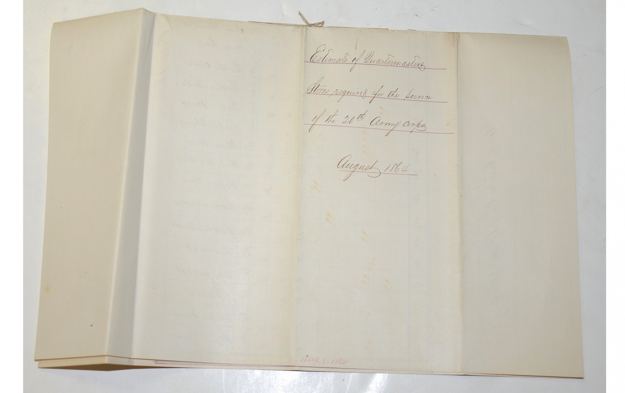 MANUSCRIPT DOCUMENT 1864 20TH CORPS QUARTERMASTER STORES, SIGNED BY ...