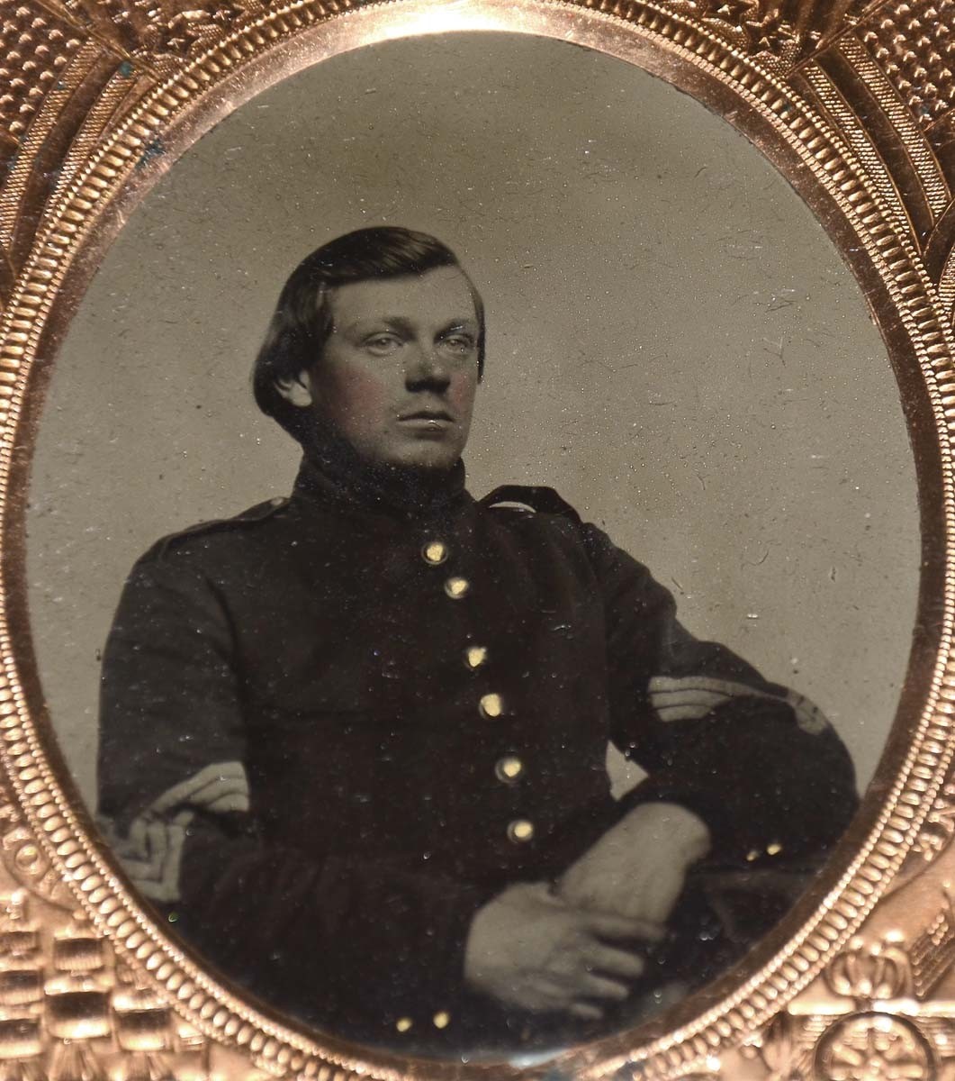SIXTH PLATE TINTYPE OF A SEATED UNION SERGEANT IN PATRIOTIC UNION CASE ...