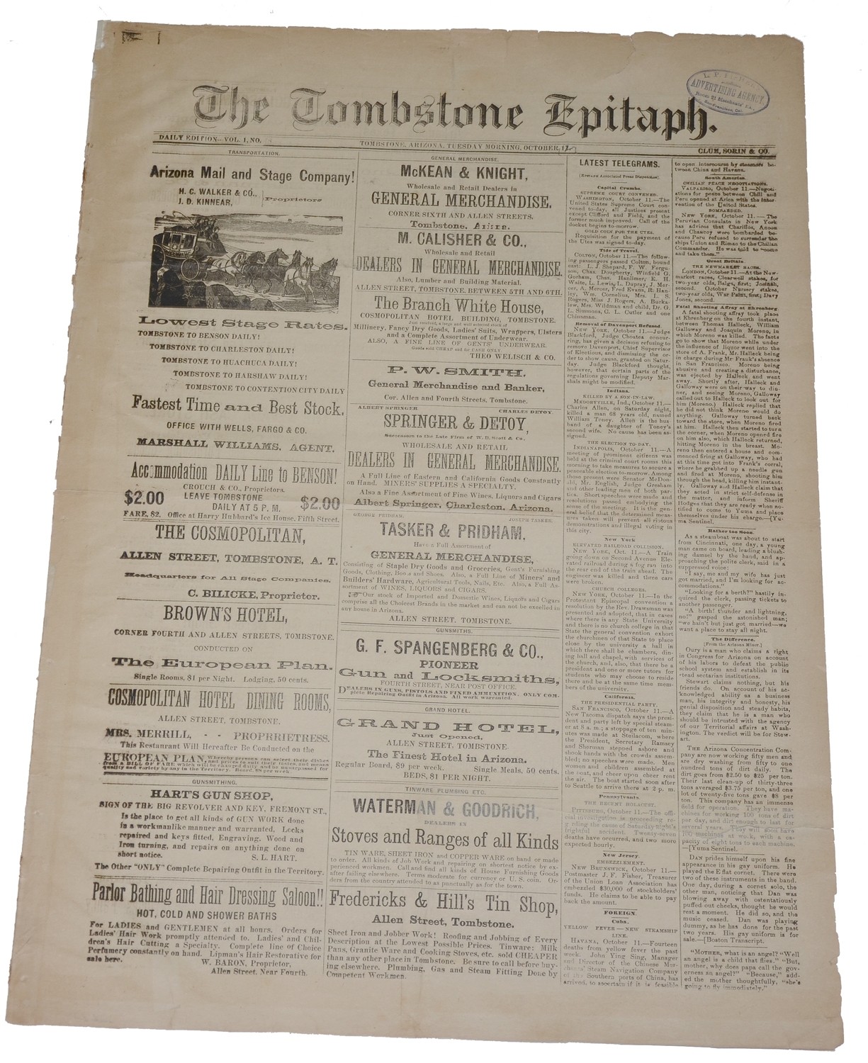 THE TOMBSTONE [ARIZONA] EPITAPH - OCTOBER 12, 1880 — Horse Soldier