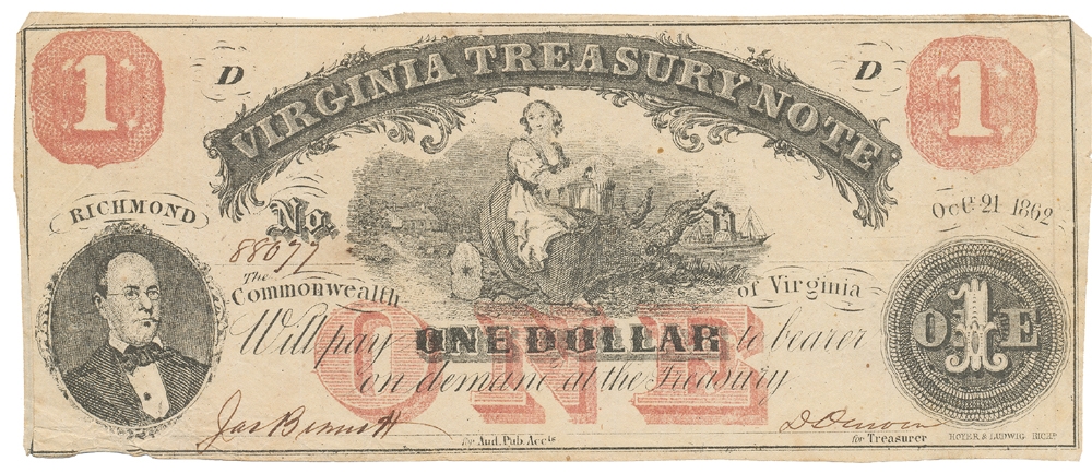 $1 VIRGINIA TREASURY NOTE – 1862 — Horse Soldier