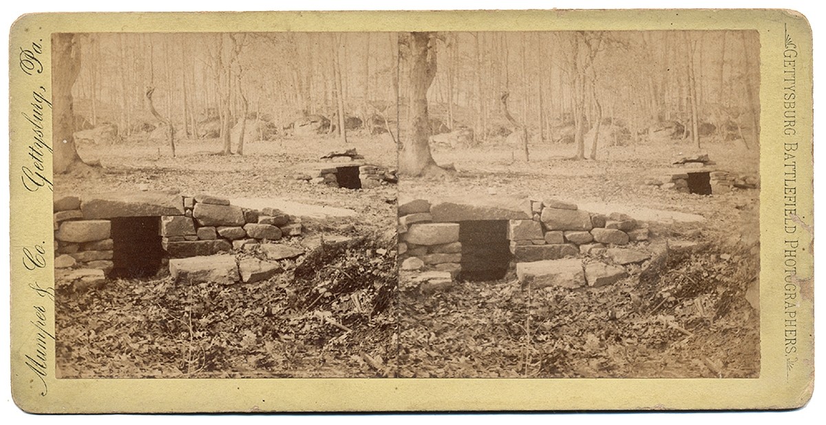 STEREO CARD OF SPANGLER’S SPRING, GETTYSBURG — Horse Soldier