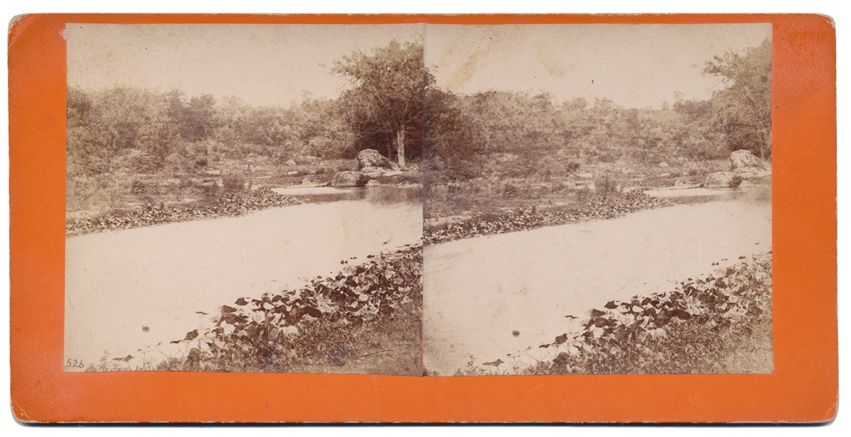 STEREO CARD OF ROCK CREEK TOWARDS MCALLISTER’S DAM — Horse Soldier
