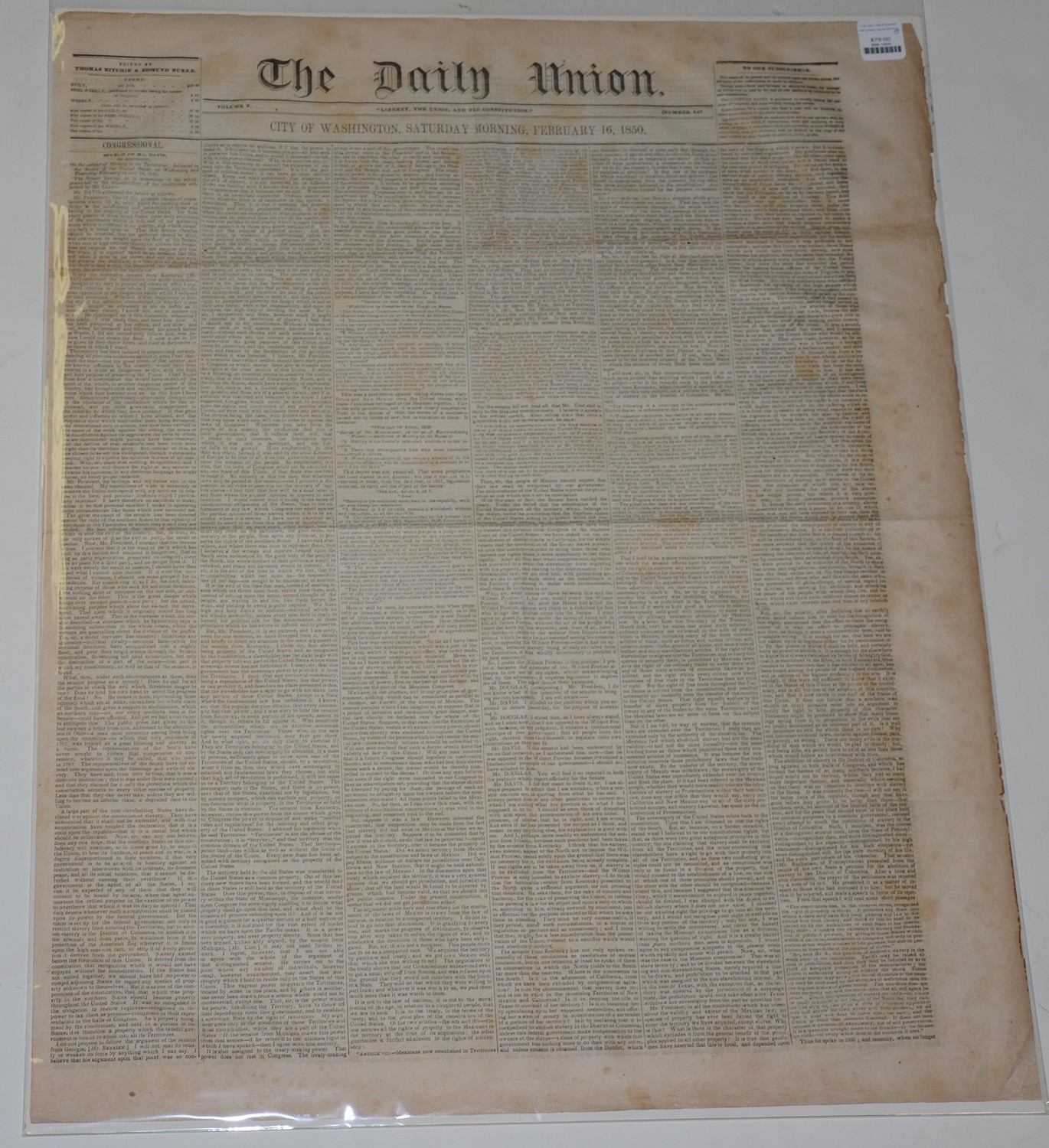 THE DAILY UNION/ CITY OF WASHINGTON, FEBRUARY 16, 1850 - COMPROMISE OF ...