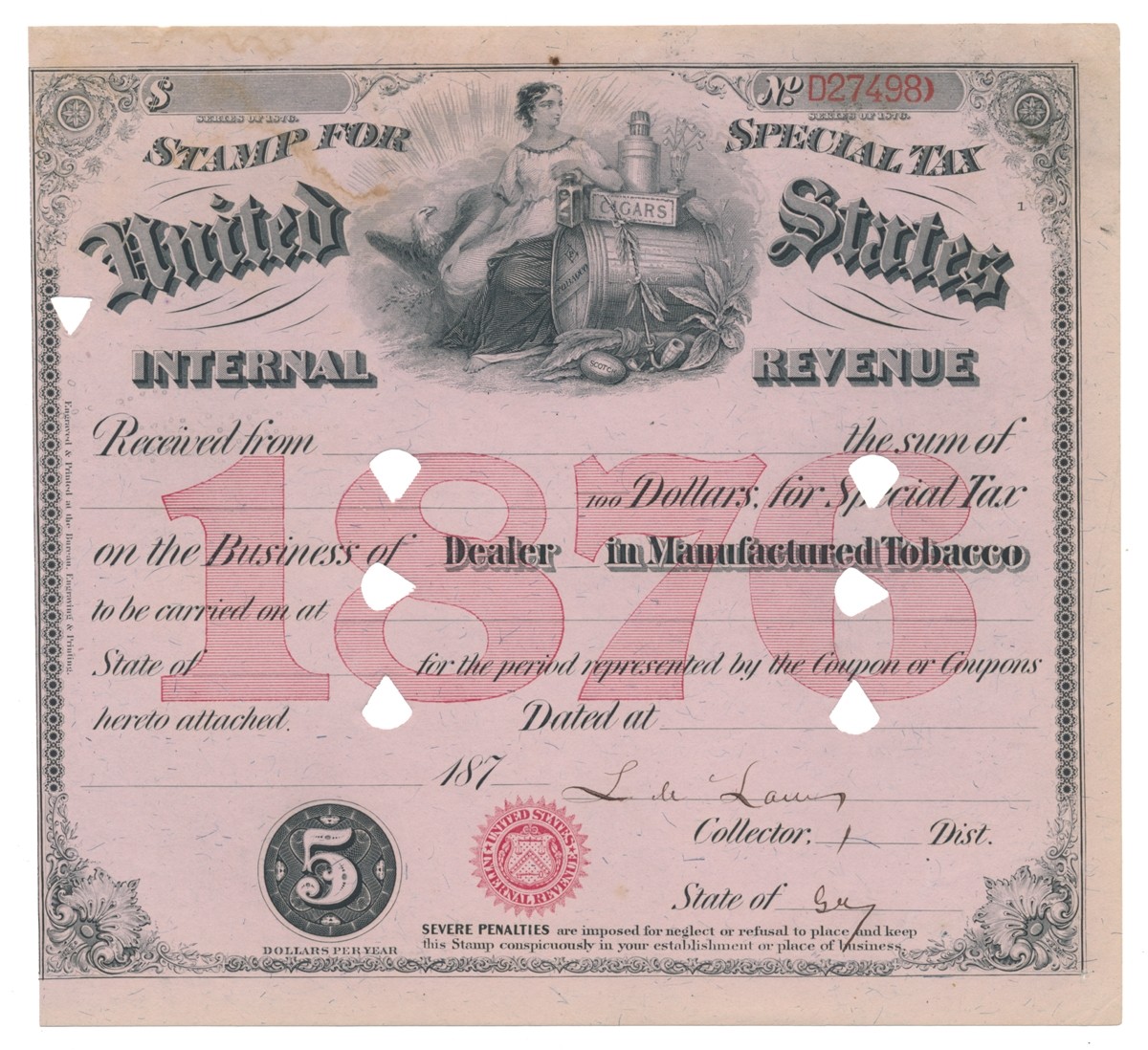 1876 INTERNAL REVENUE TAX FORM SIGNED BY CS GEN. LAFAYETTE MCLAWS ...