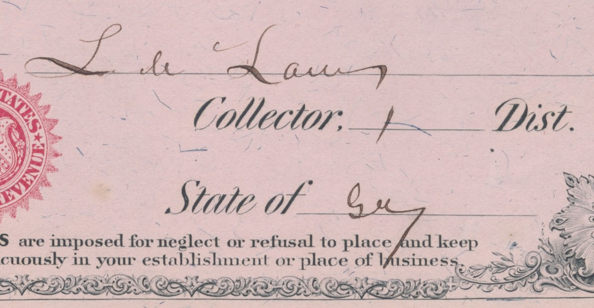 1876 INTERNAL REVENUE TAX FORM SIGNED BY CS GEN. LAFAYETTE MCLAWS ...