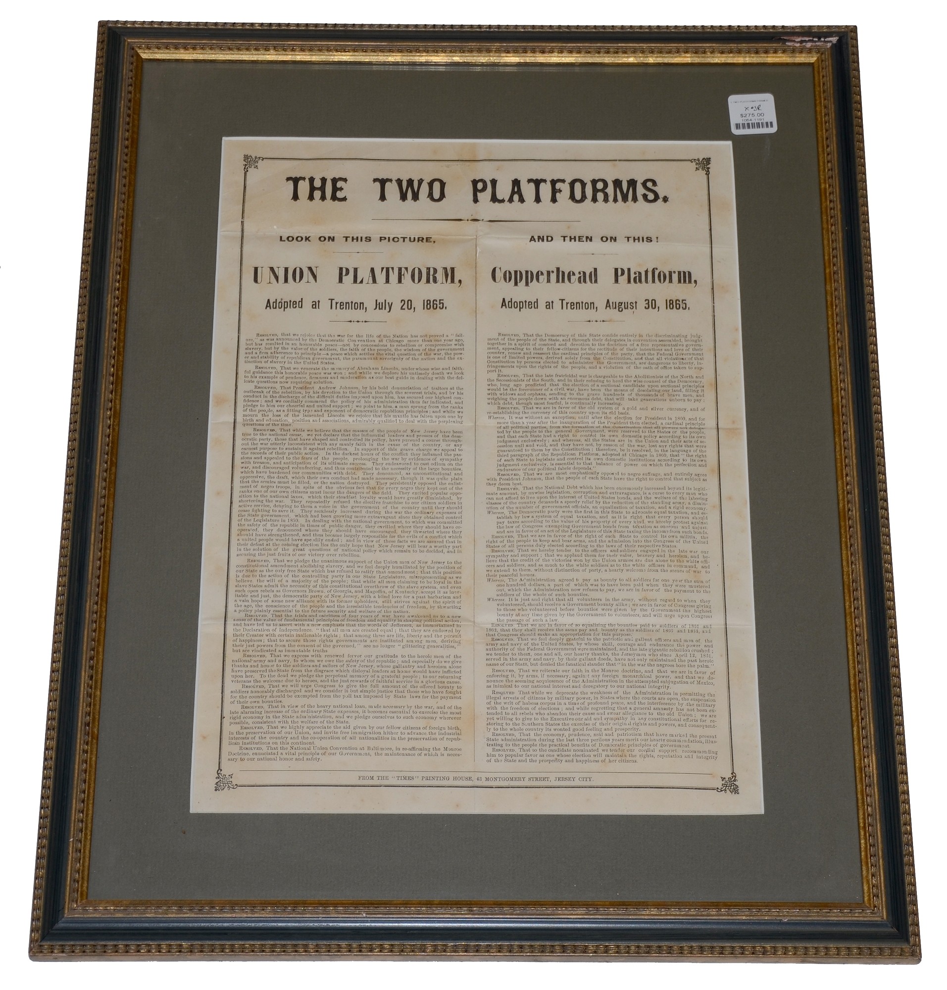 NEW JERSEY BROADSIDE ON THE GOVERNOR’S RACE AND THE ABOLITION OF ...