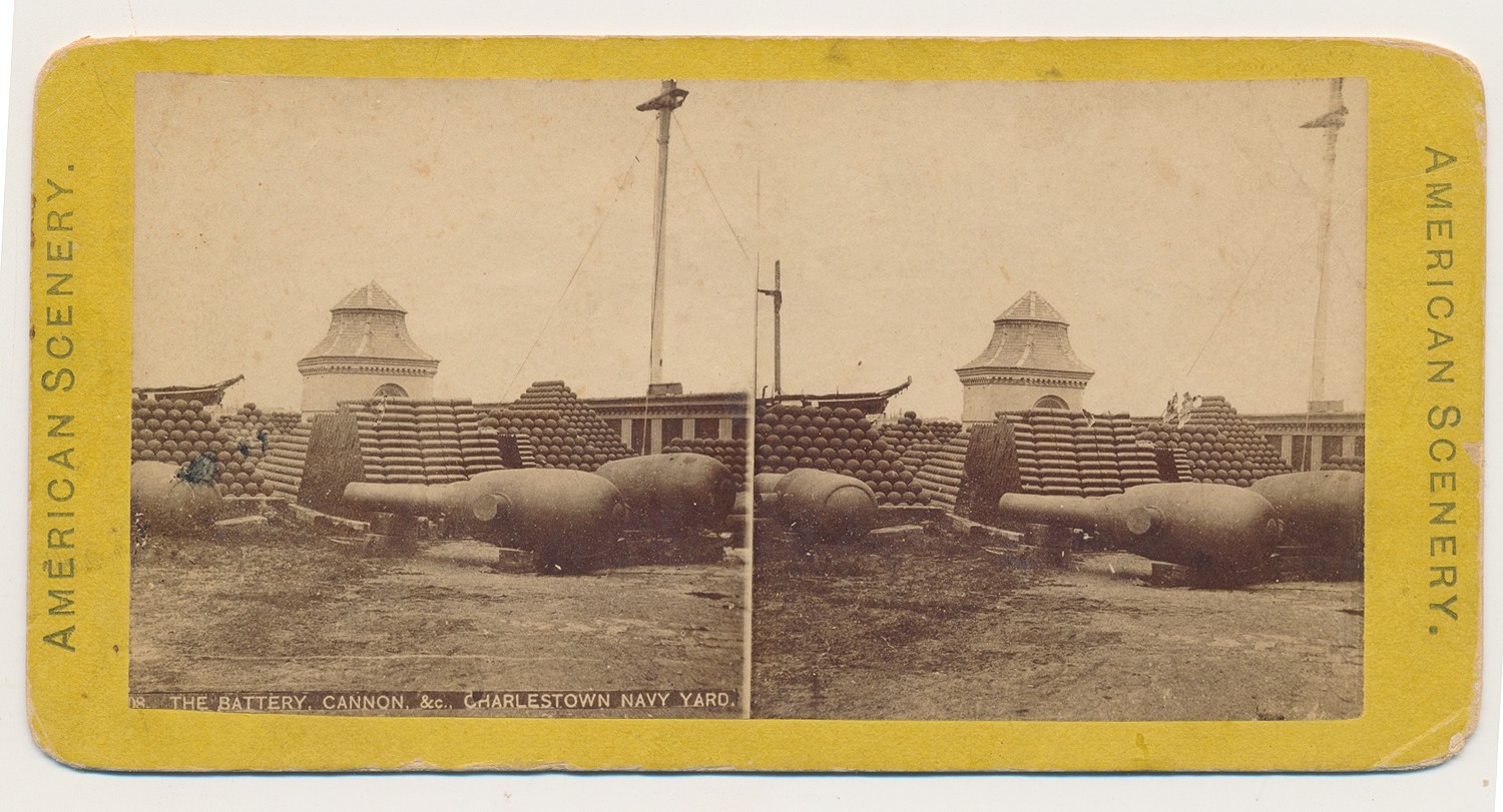 STEREO VIEW OF CANNONS & SHELLS, CHARLESTOWN NAVY YARD — Horse Soldier