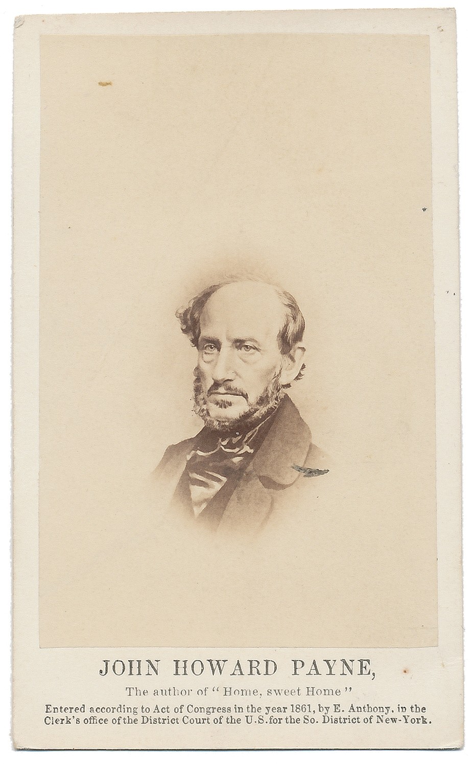 1861 DATED LITHOGRAPH OF JOHN HOWARD PAYNE AUTHOR OF “HOME SWEET HOME ...
