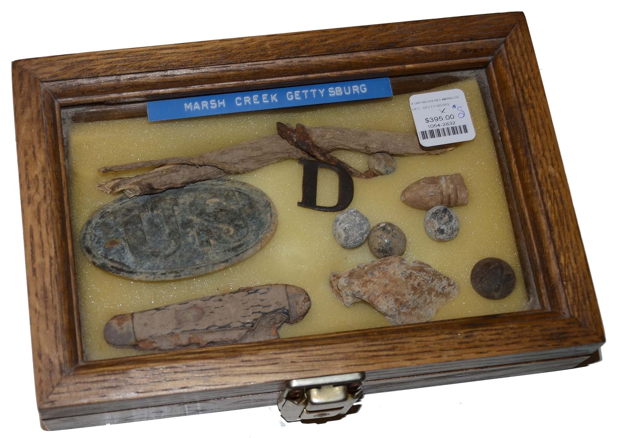 BOX OF RELICS RECOVERED FROM MARSH CREEK IN GETTYSBURG — Horse Soldier