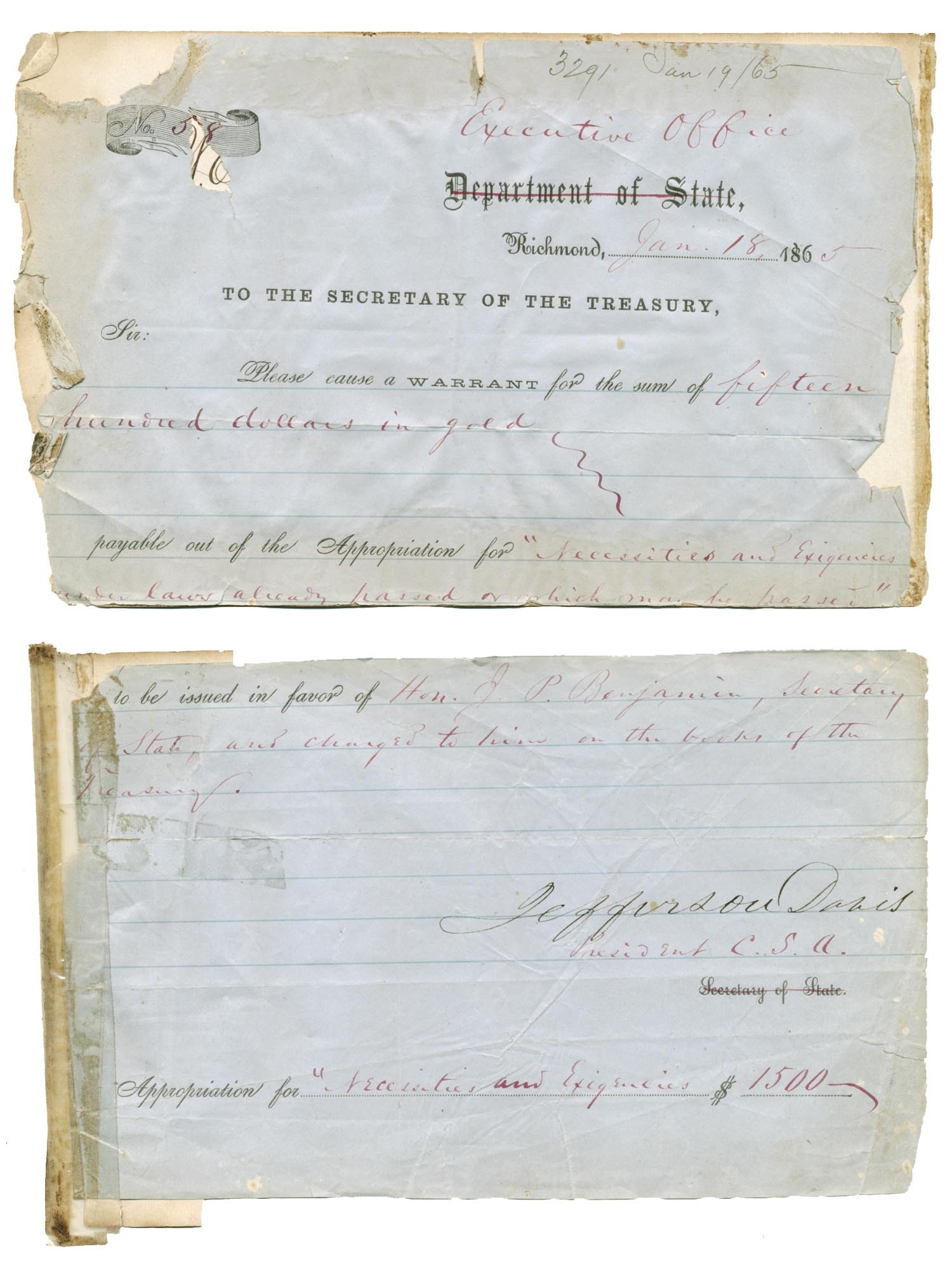 JEFFERSON DAVIS SIGNED CONFEDERATE “EXECUTIVE OFFICE” DOCUMENT — Horse ...