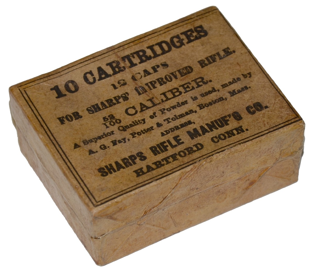 BOX FOR .52 CALIBER SHARPS LINEN CARTRIDGES + ONE CARTRIDGE AND PACK OF ...