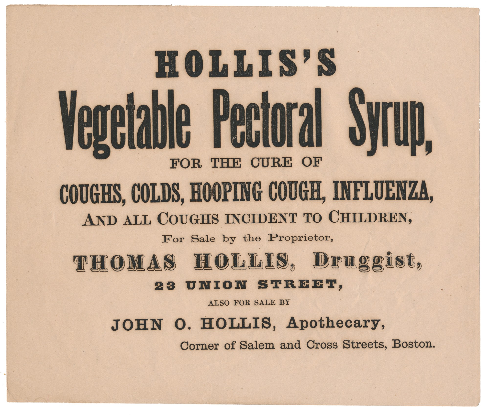 BOSTON ADVERTISING BROADSIDE, ca. 1860s FOR “HOLLIS’S VEGETABLE ...