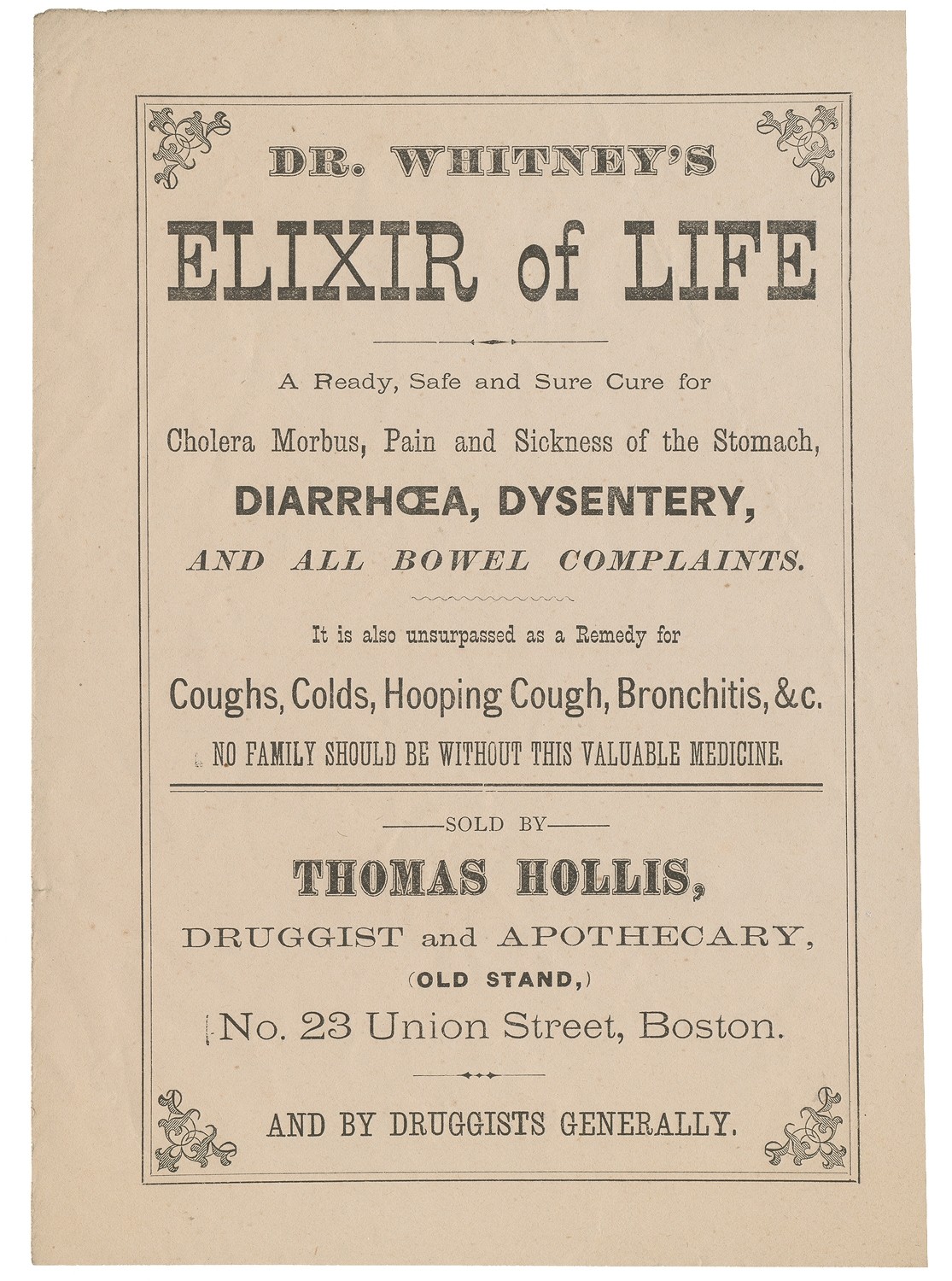 APOTHECARY ADVERTISING BROADSIDE - “DR. WHITNEY’S ELIXIR OF LIFE ...