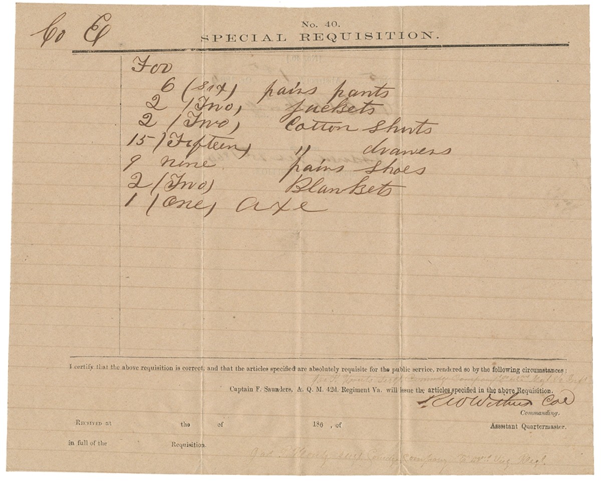1864 CONFEDERATE CLOTHING DOCUMENT FOR COMPANY E, 42ND VIRGINIA ...