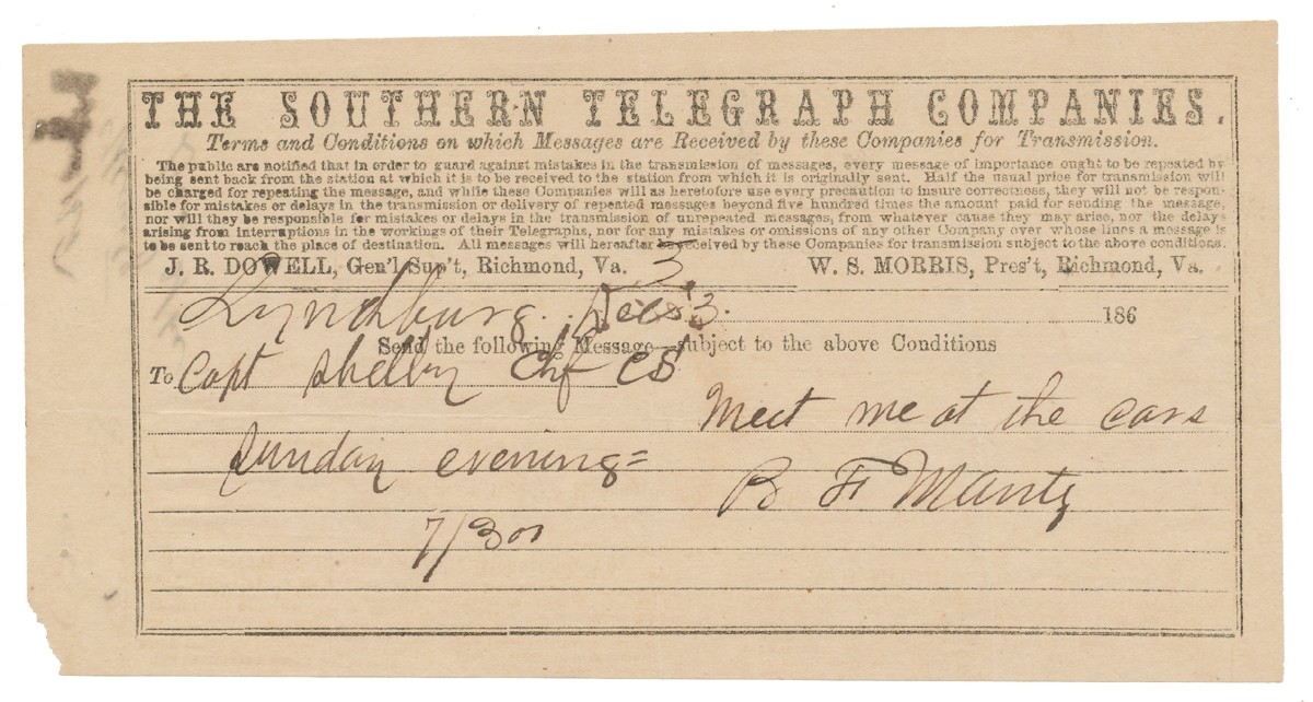 CONFEDERATE TELEGRAPH DOCUMENT — Horse Soldier