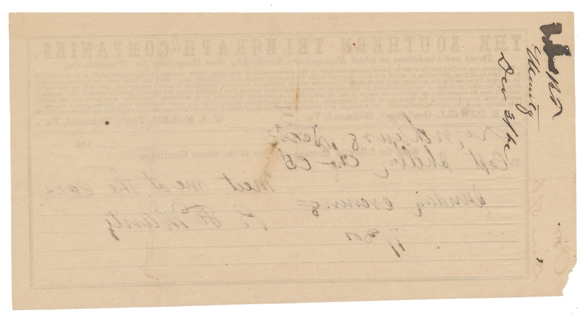 CONFEDERATE TELEGRAPH DOCUMENT — Horse Soldier