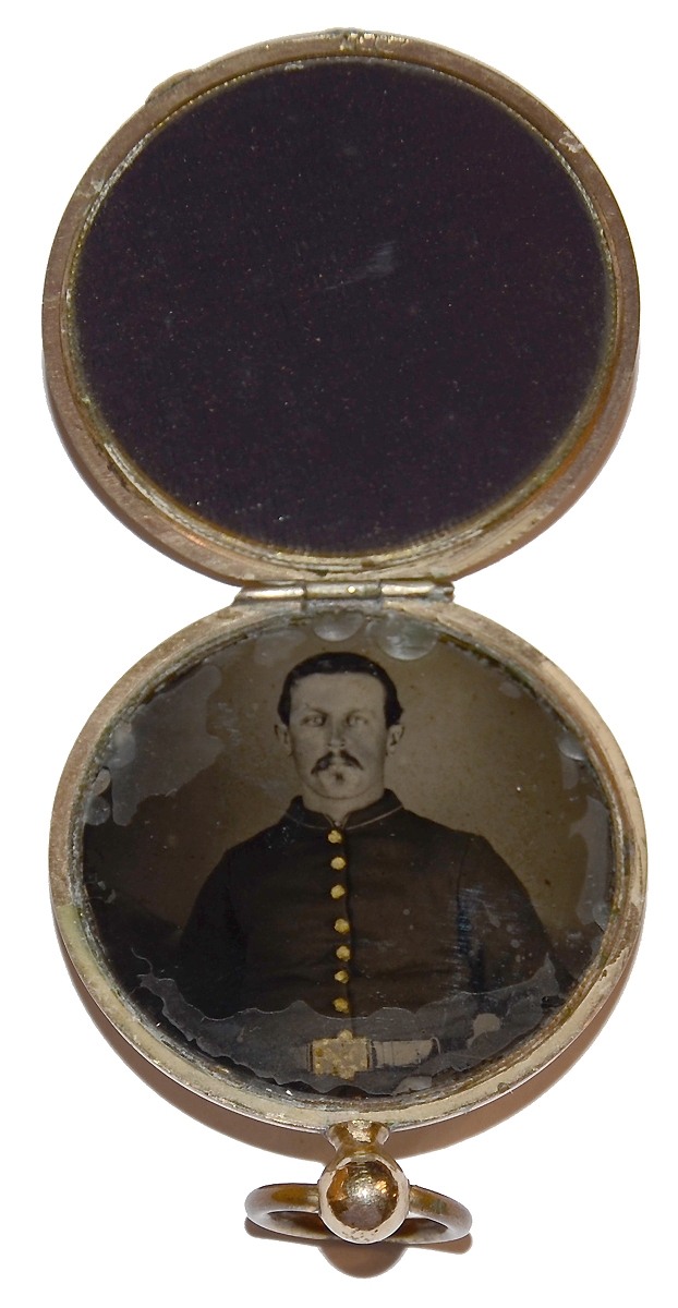 INSCRIBED LOCKET WITH TINTYPE OF FEDERAL SOLDIER — Horse Soldier