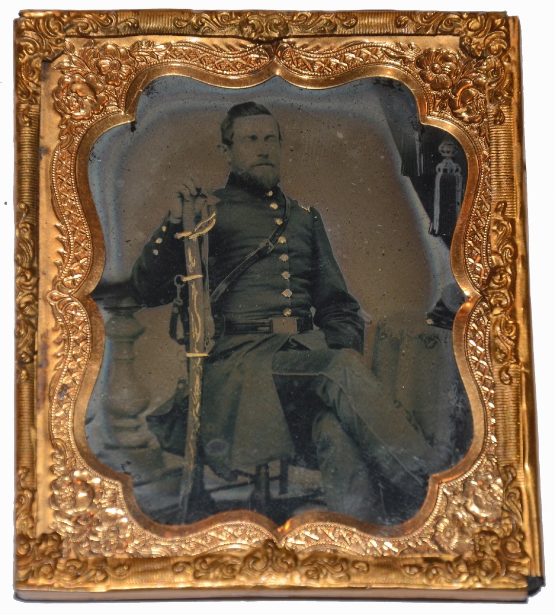 SIXTH-PLATE AMBROTYPE OF UNION OFFICER WITH SWORD — Horse Soldier