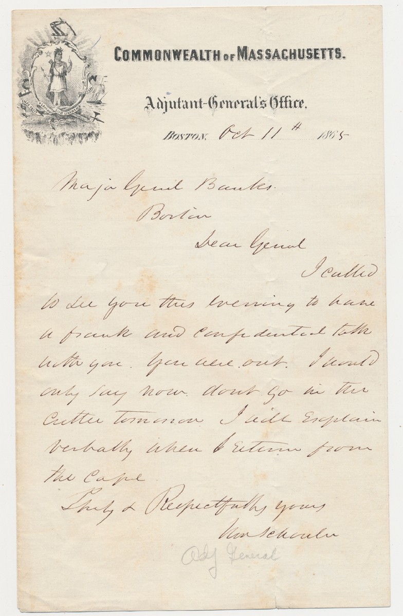 HANDWRITTEN NOTE TO GENERAL NATHANIEL BANKS BY MASSACHUSETTS ADJUTANT ...