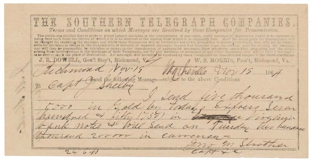 CONFEDERATE TELEGRAPH DOCUMENT — Horse Soldier