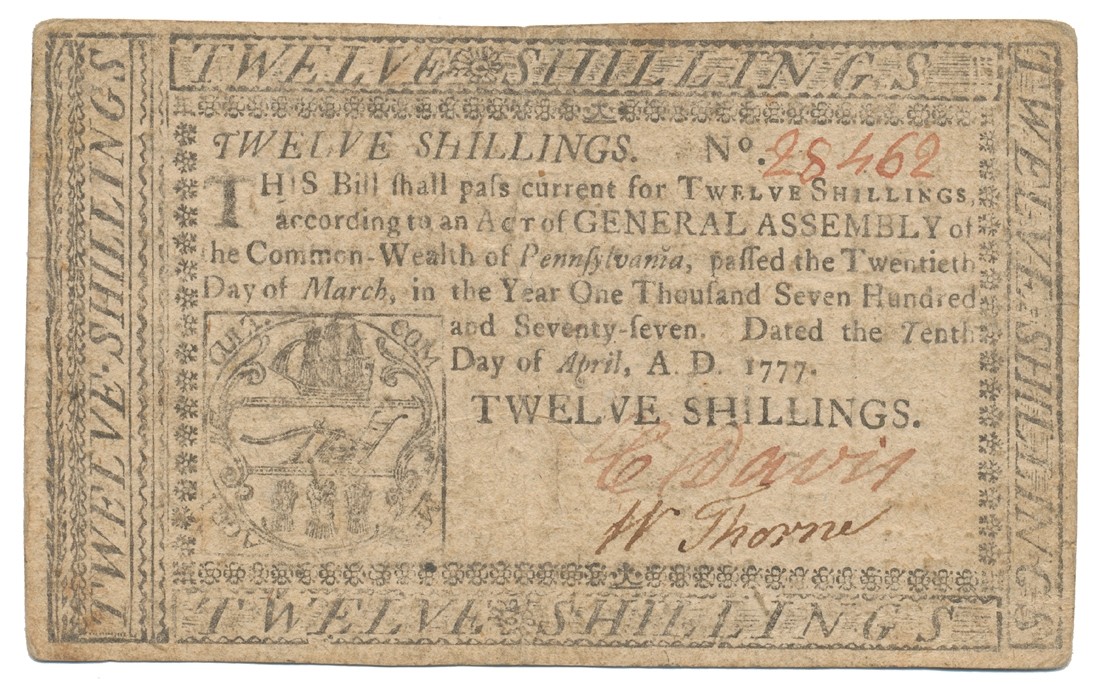 COLONIAL PENNSYLVANIA TWELVE SHILLING NOTE -- 1777 — Horse Soldier