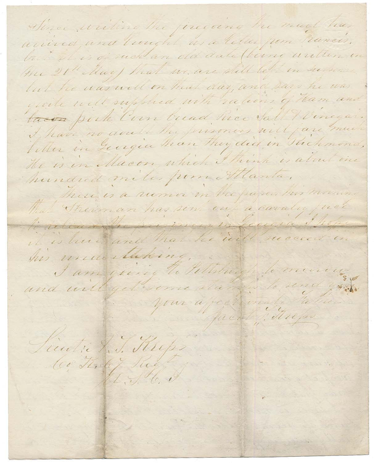 JULY1864 CIVIL WAR LETTER FROM LEBANON, PA RESIDENT JACOB FORNEY KREPS ...
