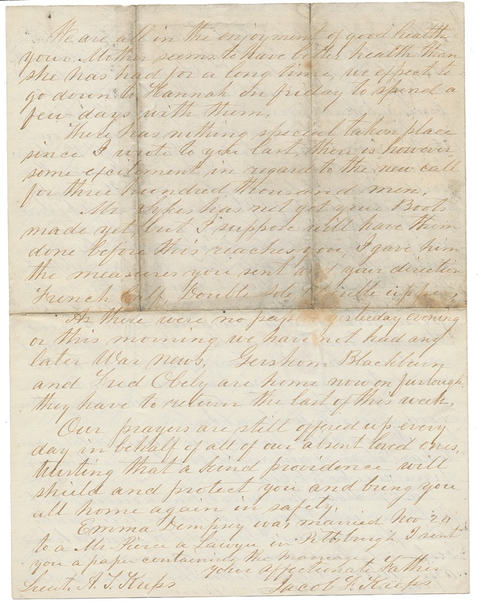 DECEMBER 1864 CIVIL WAR LETTER FROM LEBANON, PA RESIDENT JACOB FORNEY ...