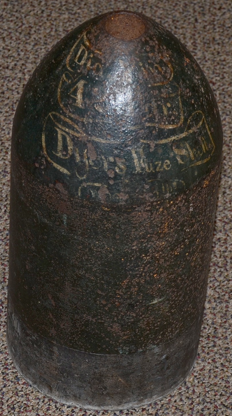 7-INCH DYER SHELL, NON-EXCAVATED WITH OLD PAINTED LABEL — Horse Soldier
