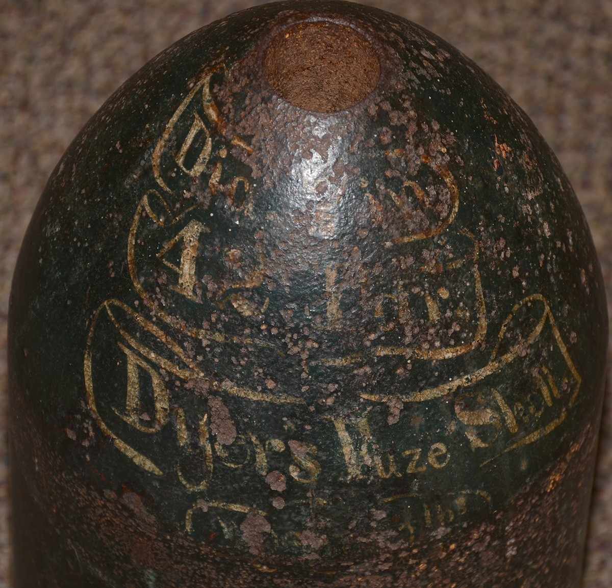 7-INCH DYER SHELL, NON-EXCAVATED WITH OLD PAINTED LABEL — Horse Soldier