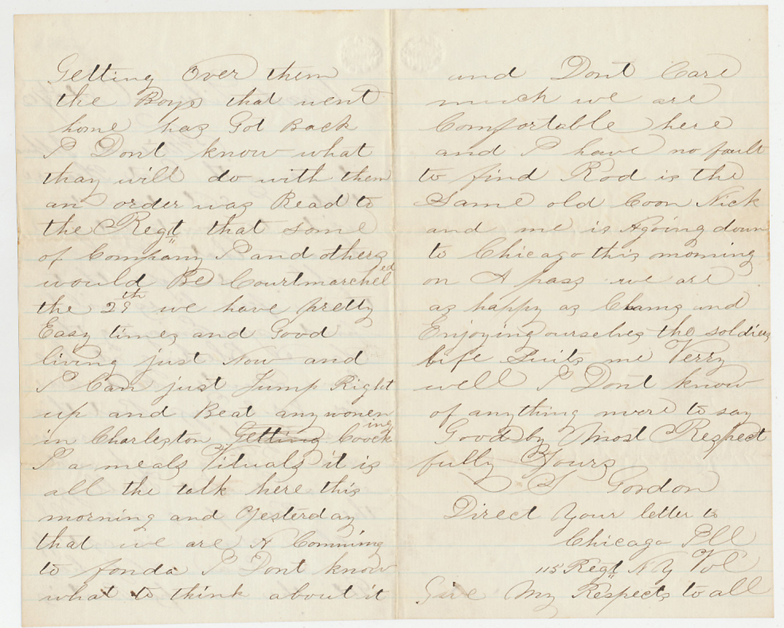 UNION SOLDIER LETTER WITH COVER - PRIVATE SCHUYLER GORDON, Co. “D ...