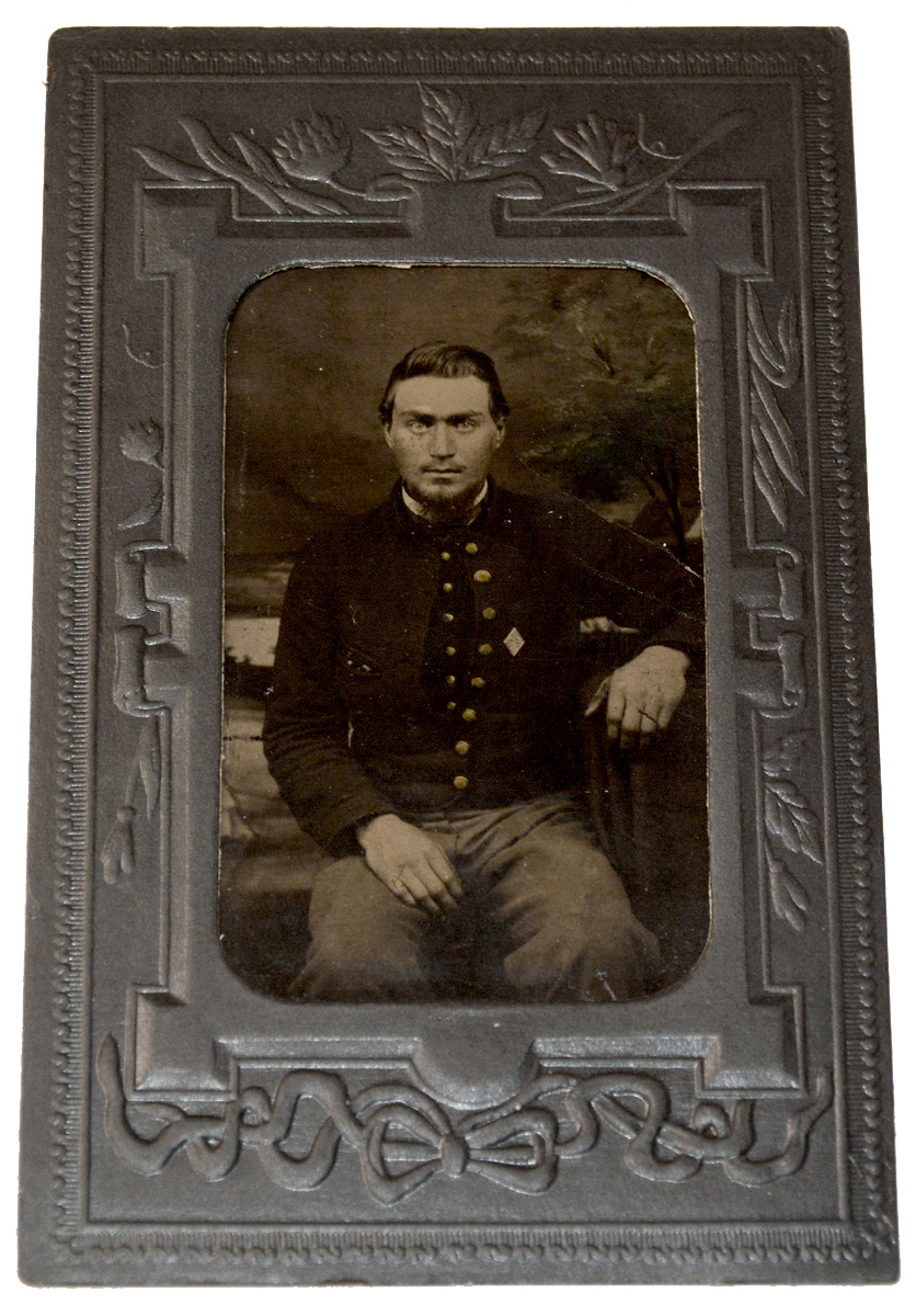TINTYPE OF UNION THIRD CORPS SOLDIER IN MOURNING FRAME — Horse Soldier