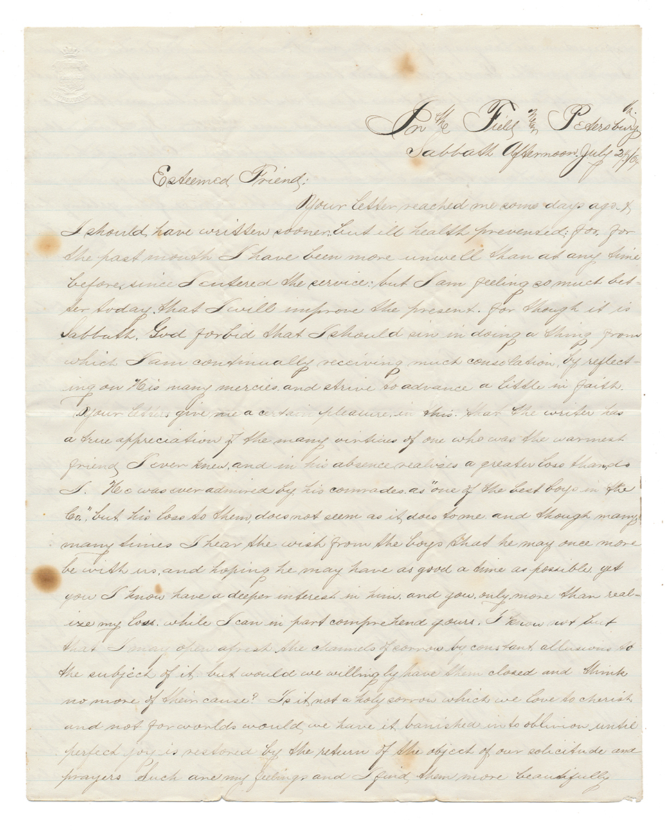 UNION SOLDIER LETTER—CORPORAL SEELY CONOVER, CO. “B”, 115TH NEW YORK ...