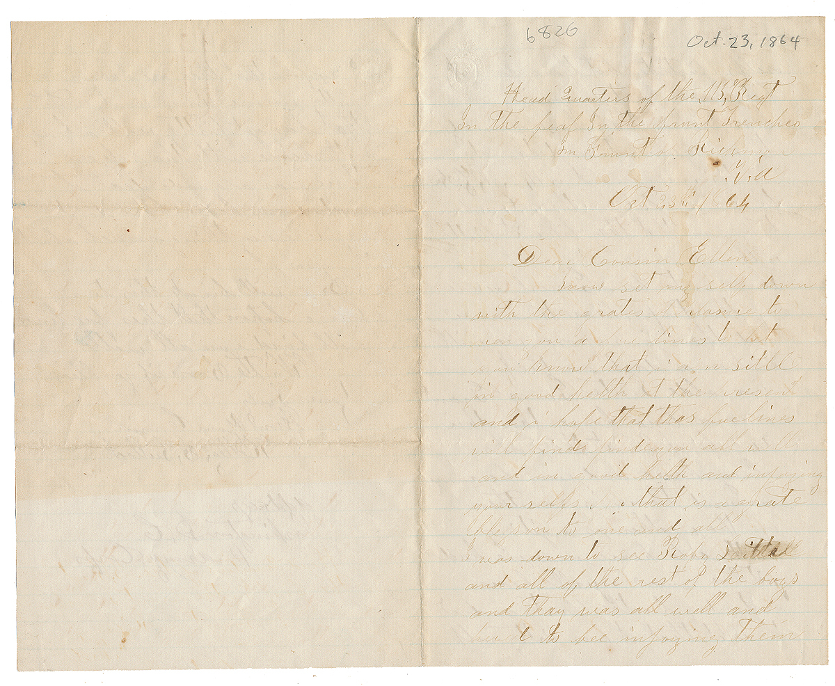 UNION SOLDIER LETTER—PRIVATE KELLEY S. TULLOCK, CO. “D”, 115TH NEW YORK ...