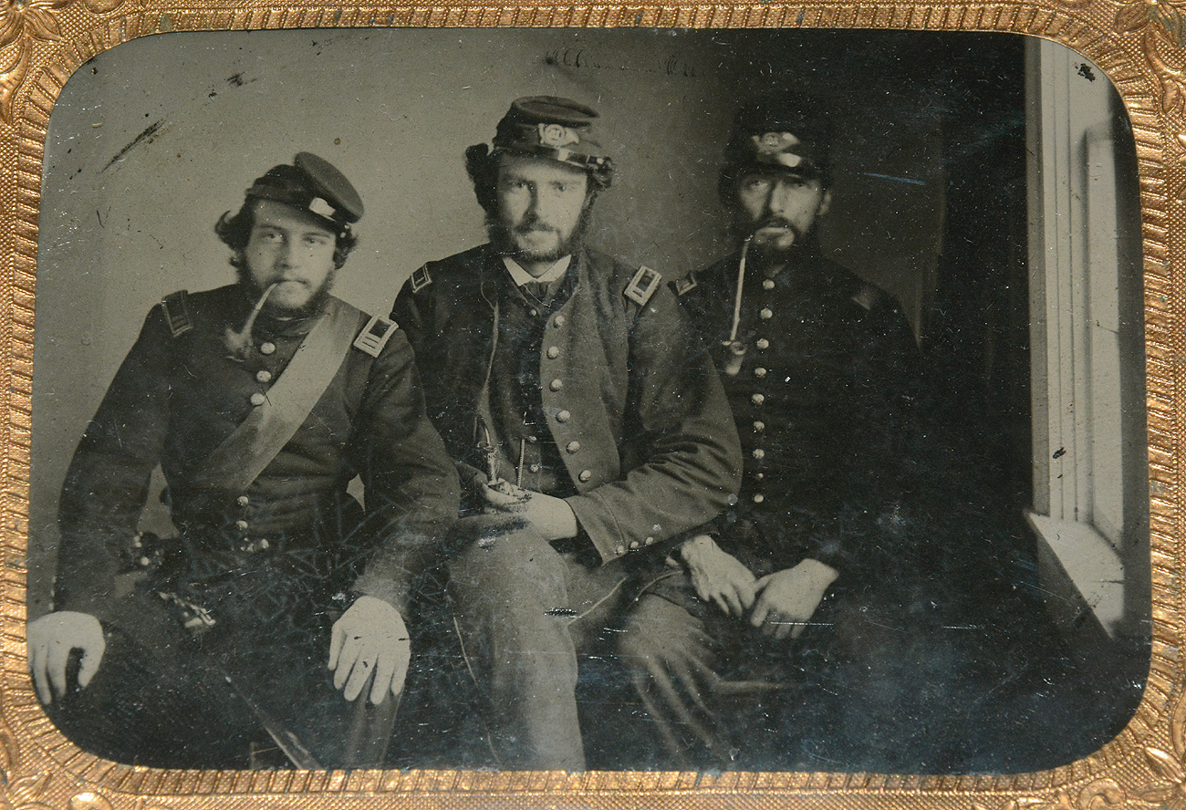 QUARTER-PLATE TINTYPE OF A UNION CAPTAIN & HIS TWO LIEUTENANTS ENJOYING ...