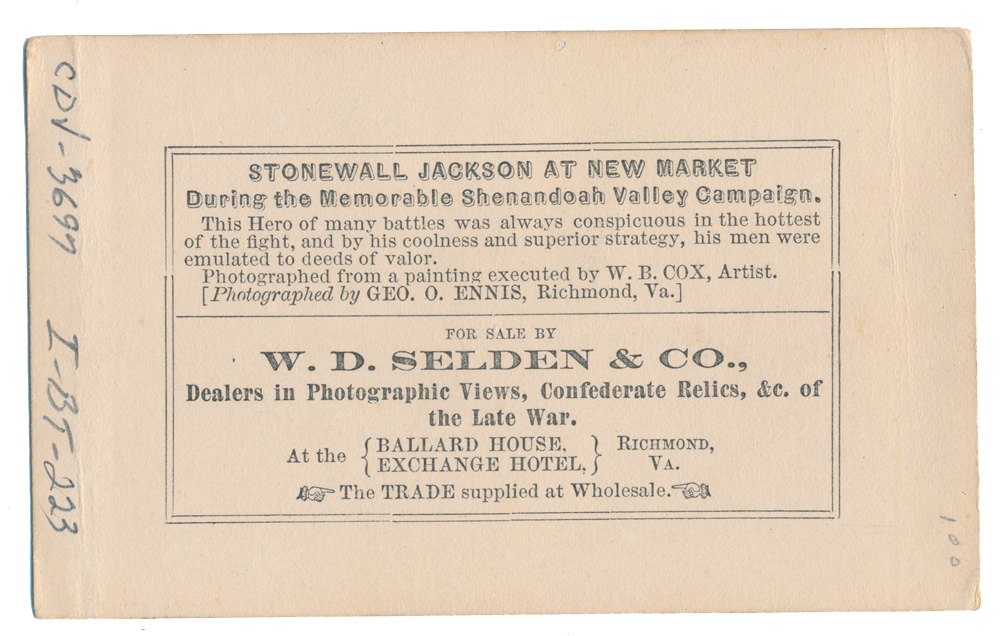 CDV OF A PAINTING OF GENERAL T. J. JACKSON TITLED “STONEWALL JACKSON AT ...