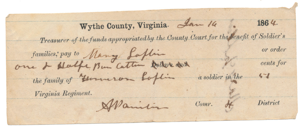 ALLOTMENT CHECK FOR WYTHE COUNTY, VA SOLDIER’S WIFE – HARRISON LOFLIN ...