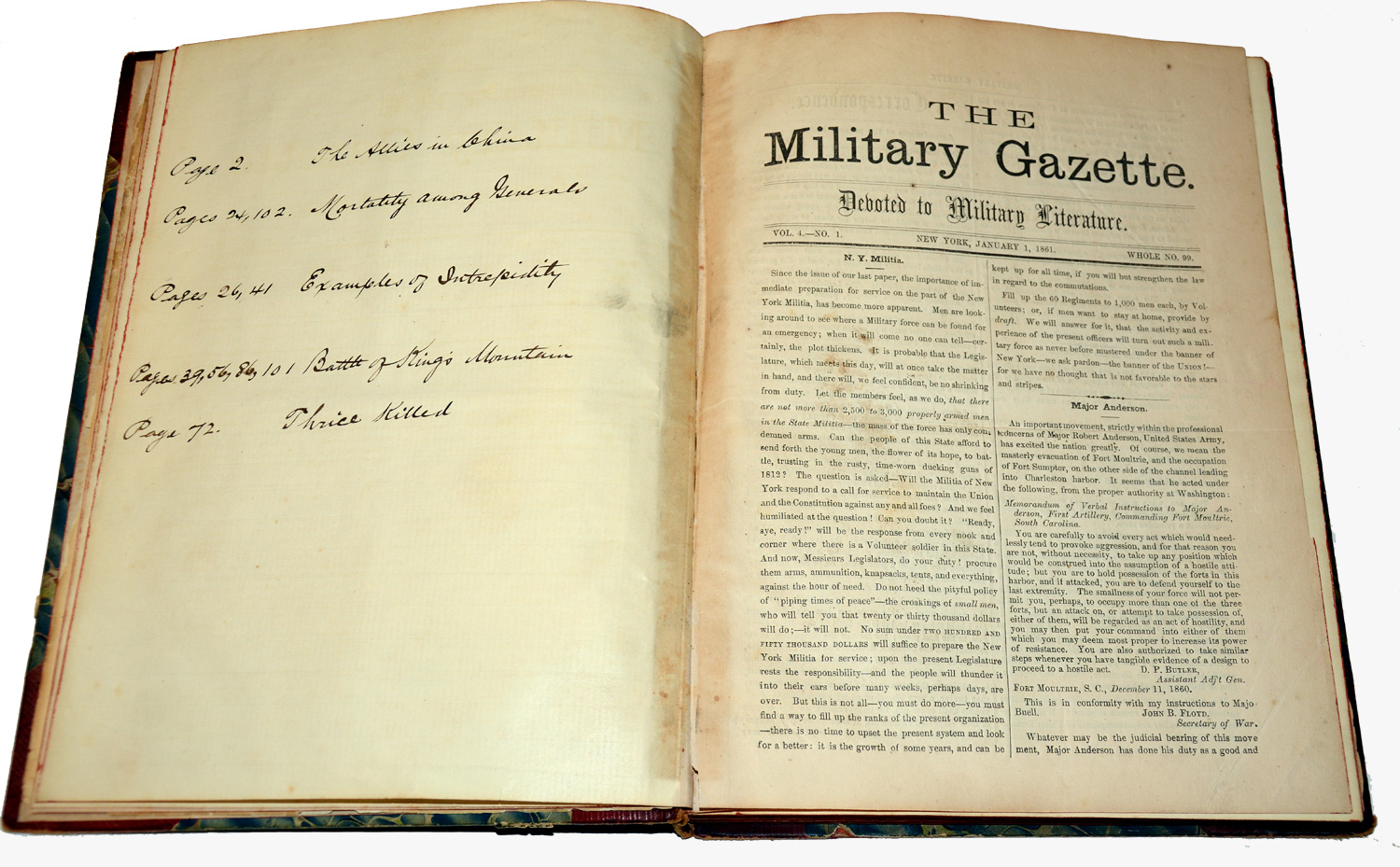 BOUND COPY OF “THE MILITARY GAZETTE” FOR 1861 – WITH PERIOD HANDWRITTEN ...